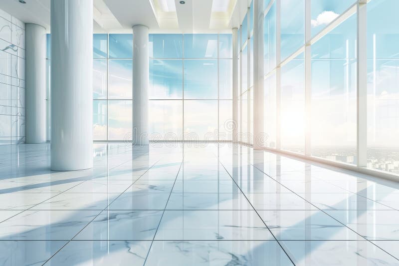 Modern Interior with Large Windows and City View Stock Image - Image of ...