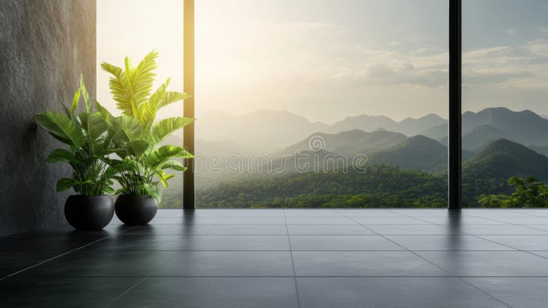 Modern Interior with Large Windows Overlooking a Mountain Range with ...