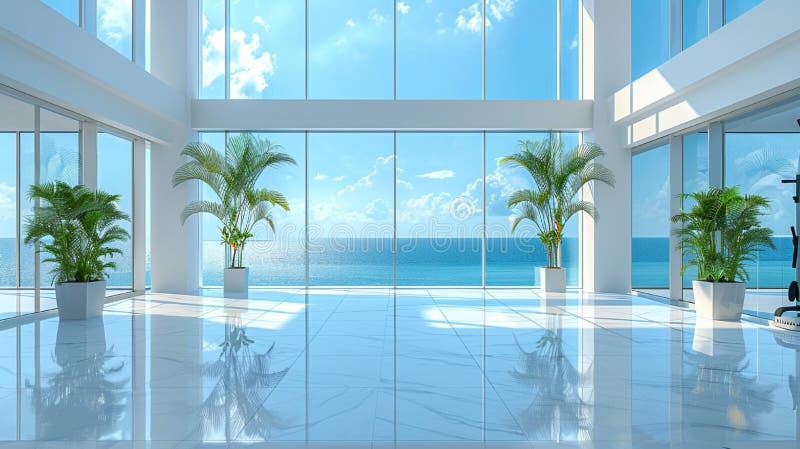 Modern Interior with Large Windows Overlooking the Ocean, Featuring ...