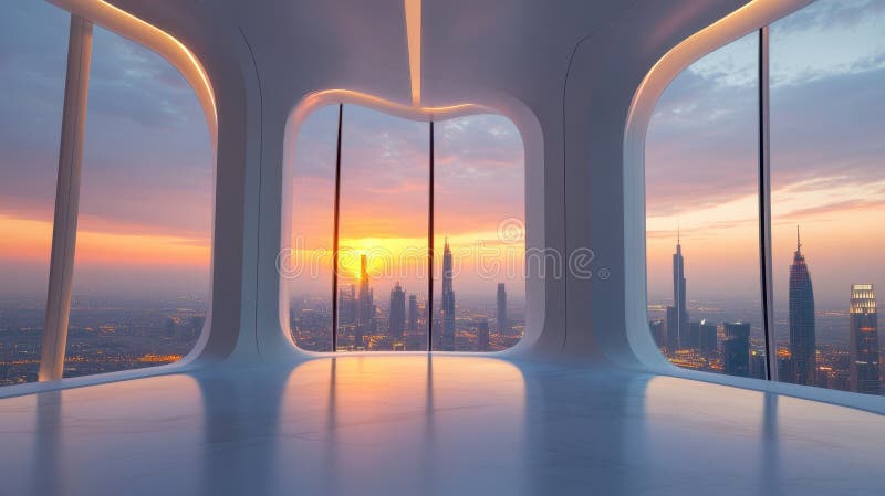 Modern Interior with Large Windows Showcasing a City Skyline at Sunset ...