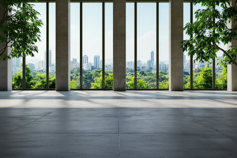 Modern Interior with Large Windows Showcasing City View and Greenery ...