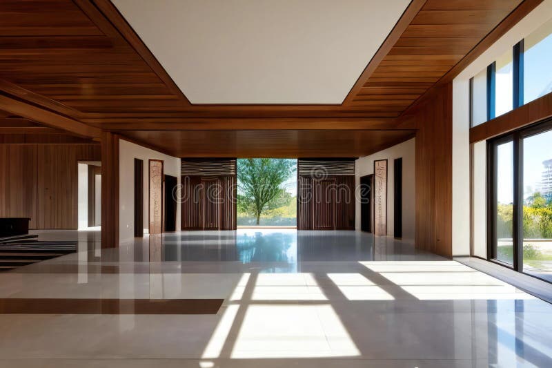 Modern Interior with Large Windows, Wooden Ceiling, and Glossy Floor ...