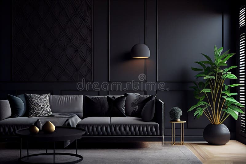Modern Interior Living Room Design and Black Wall Stock Illustration ...