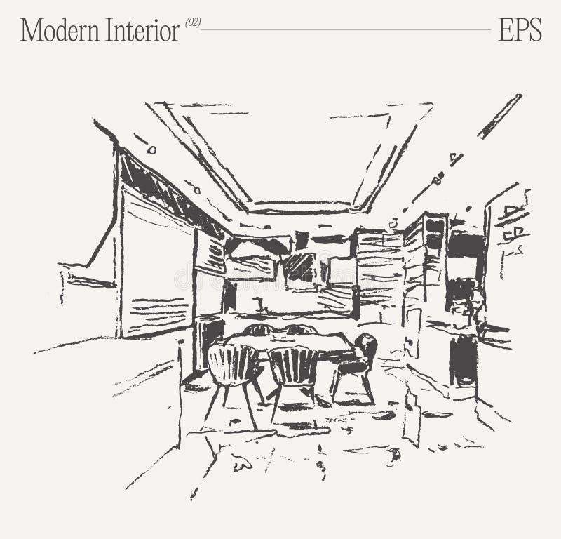 Modern Interior. Living Room with Dining Table. Hand Drawn Vector ...