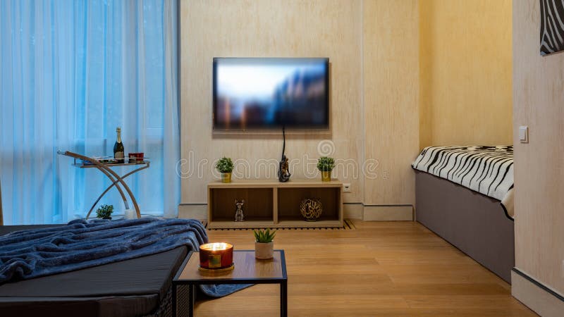Modern Interior of Living Room with Lounge Zone. TV on Wall. Panorama ...