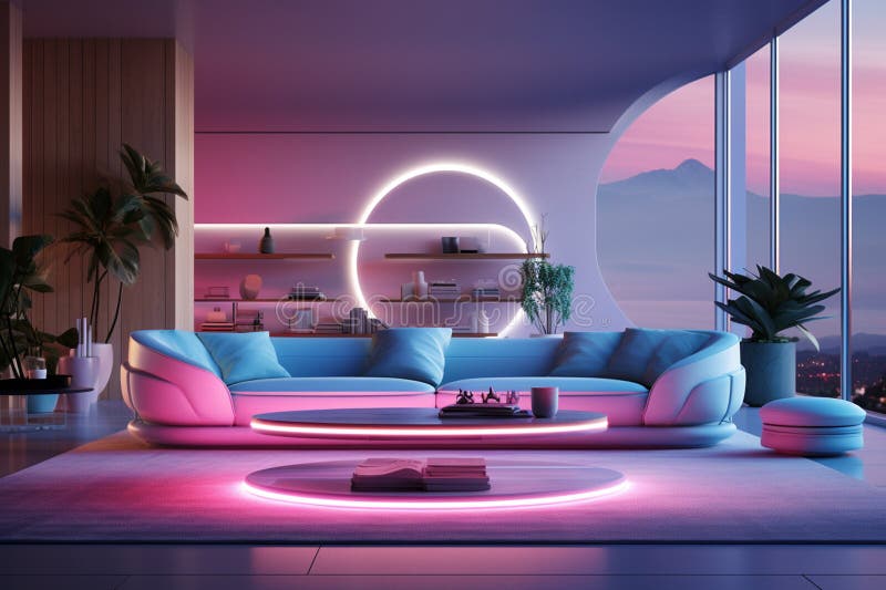 Modern Interior of Living Room. with Neon Light. 3D Rendering Stock ...