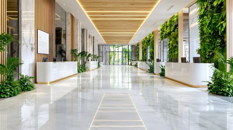 Modern Interior Lobby with Plants and Bright Lighting, Clean and ...