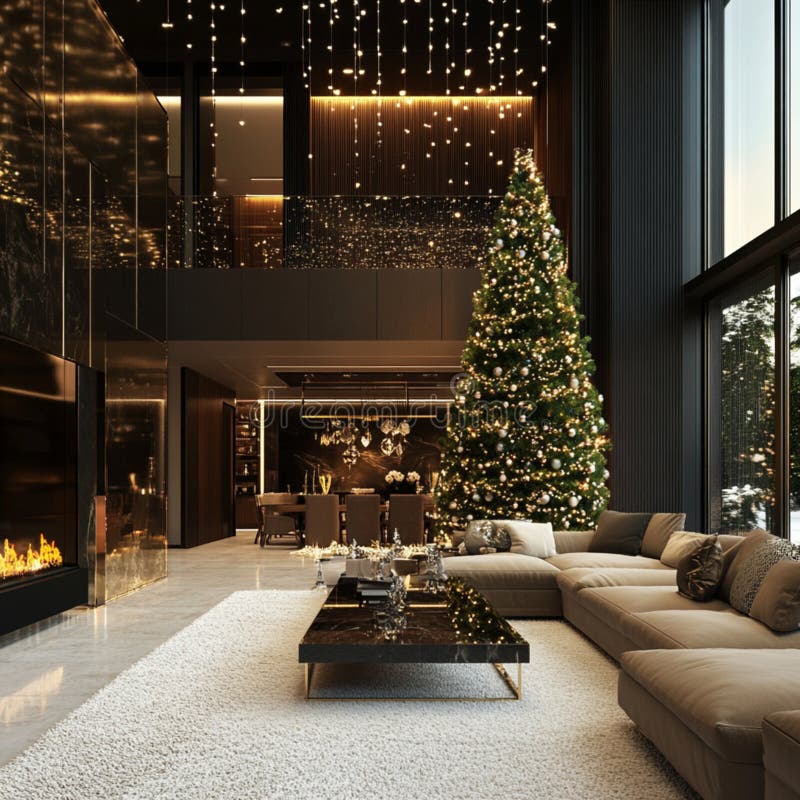 Modern Interior with a Luxurious Christmas Tree Decorated with Lights ...