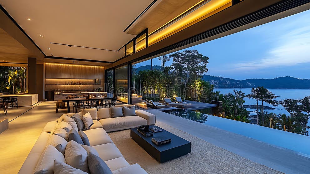 Modern Interior of a Luxurious Home with an Ocean View Stock Photo ...
