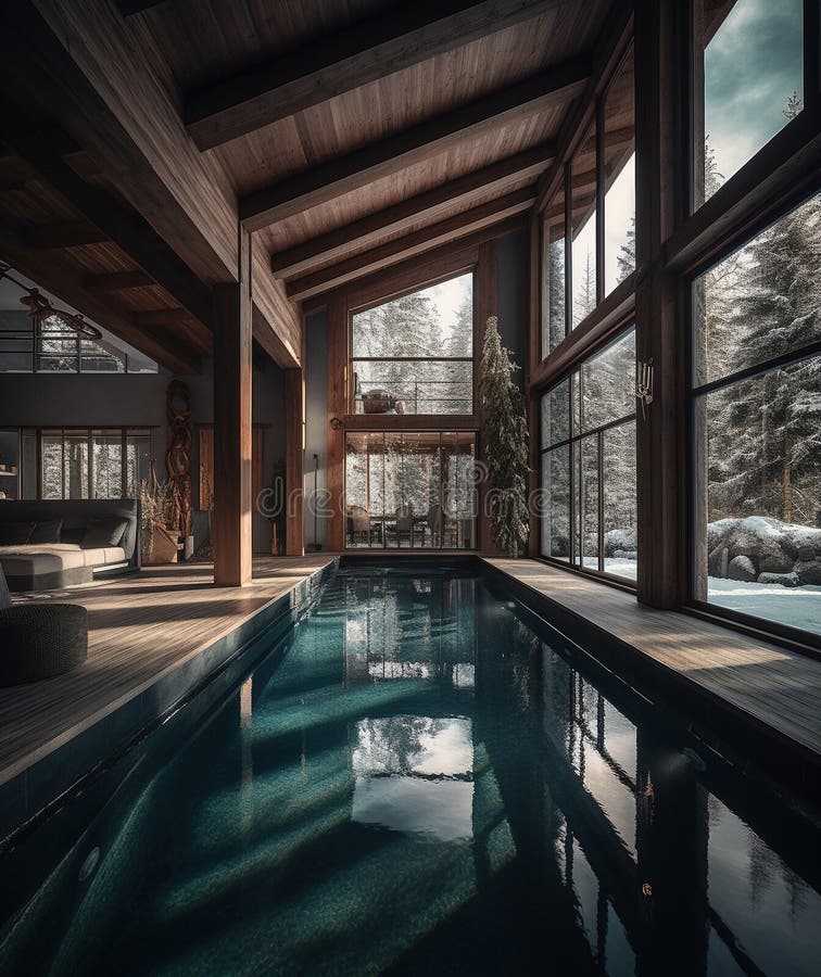 Modern Interior of Luxurious Swimming Pool Dark Themed Background Stock ...