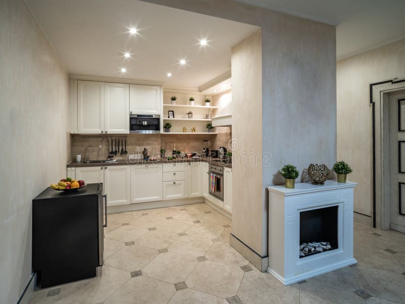 Modern Interior of Luxury Private House. Spacious Kitchen. White ...