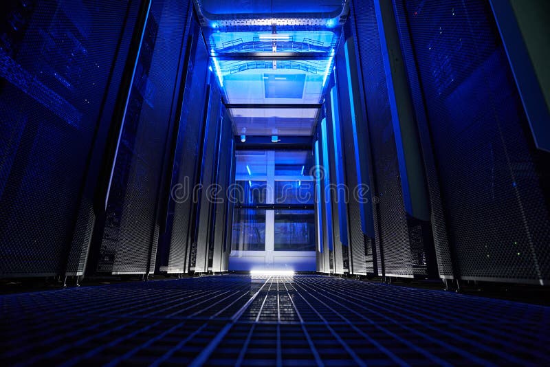 Modern Interior of Mainframe with Blue Neon Stock Photo - Image of ...