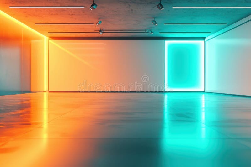 Modern Interior with Neon Lighting and Reflective Floor in Empty Room ...