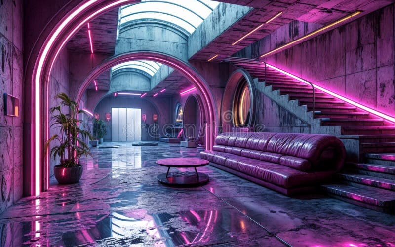 A Modern Interior with Neon Lights and a Sofa Stock Illustration ...