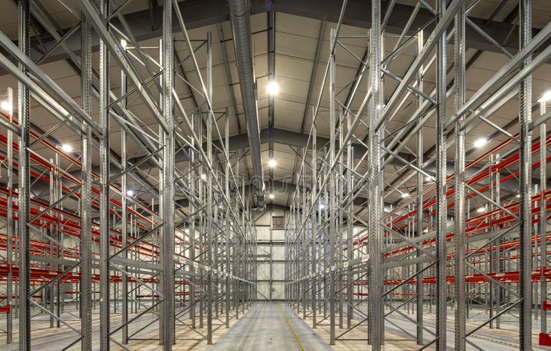 Interior of Huge Empty Storehouse. Industrial Warehouse Racking. Stock ...