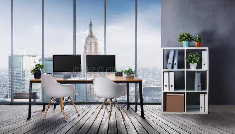 Modern Interior Office with Computers on Desk Stock Photo - Image of ...