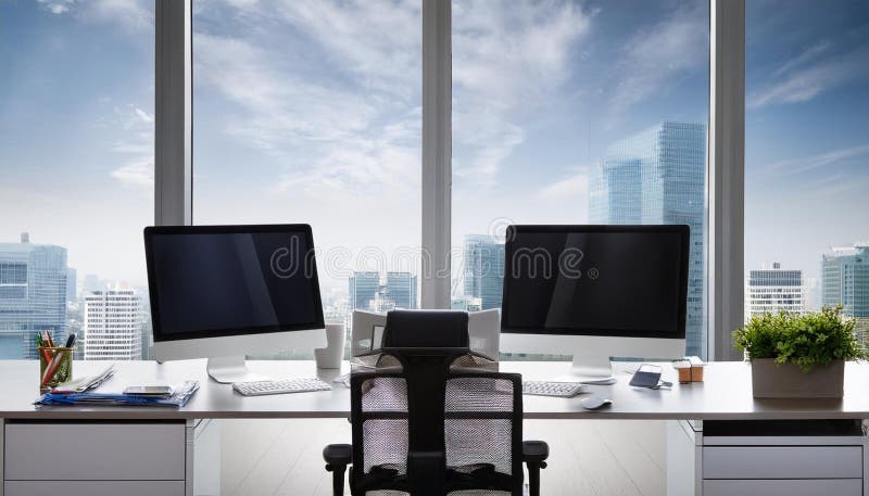 Modern Interior Office with Computers on Desk Stock Illustration ...