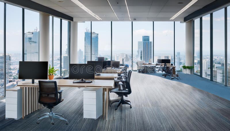 Modern Interior Office with Computers on Desk Stock Illustration ...