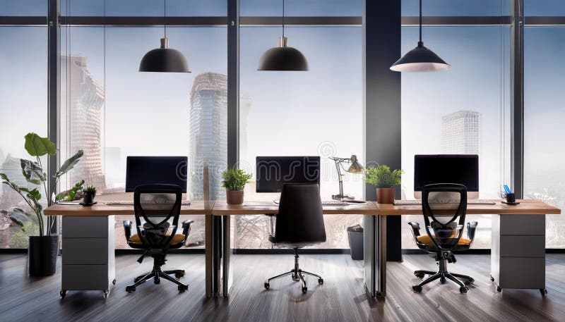 Modern Interior Office with Computers on Desk Stock Illustration ...