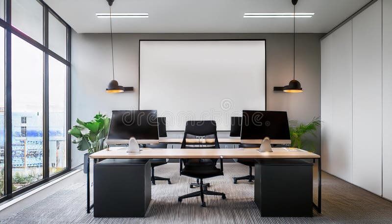 Modern Interior Office with Computers on Desk and Blank Wall Stock ...