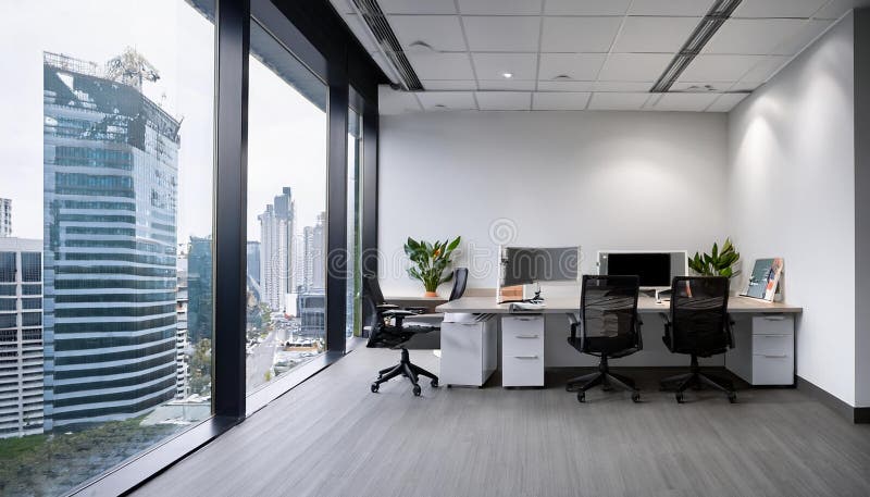 Modern Interior Office with Computers on Desk and Blank Wall Stock ...