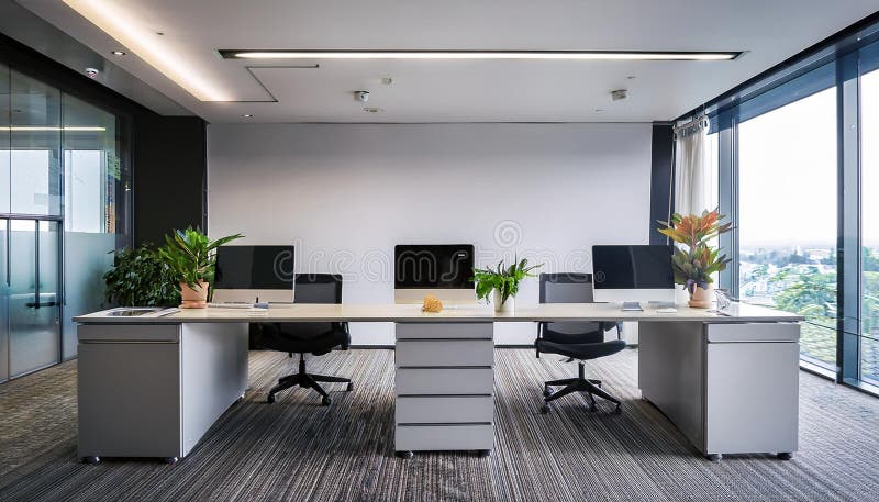 Modern Interior Office with Computers on Desk and Blank Wall Stock ...