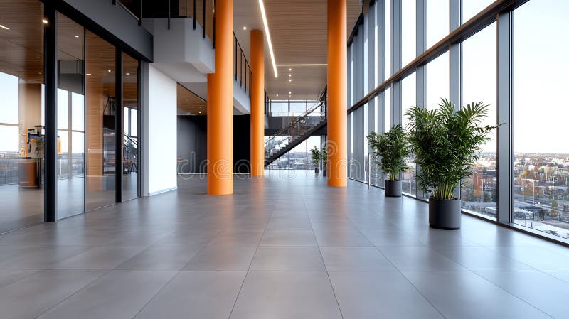 Modern Interior Office Space with Large Windows and Vibrant Orange ...