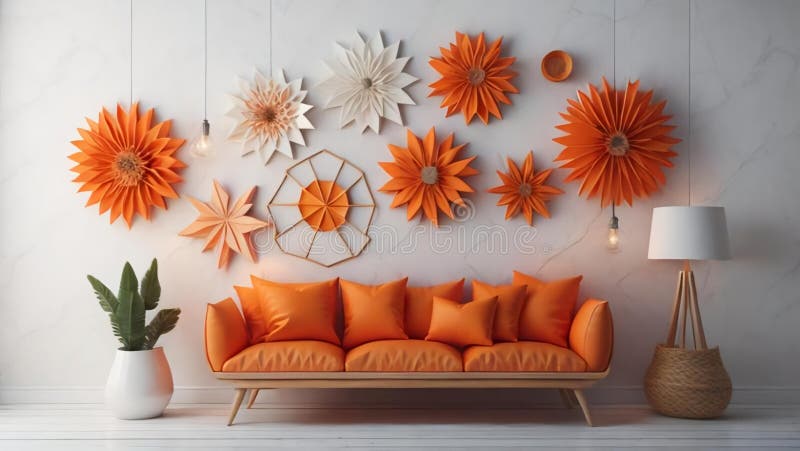 Modern Interior with Orange Sofa, Lamp and Flowers. Generative Ai Stock ...