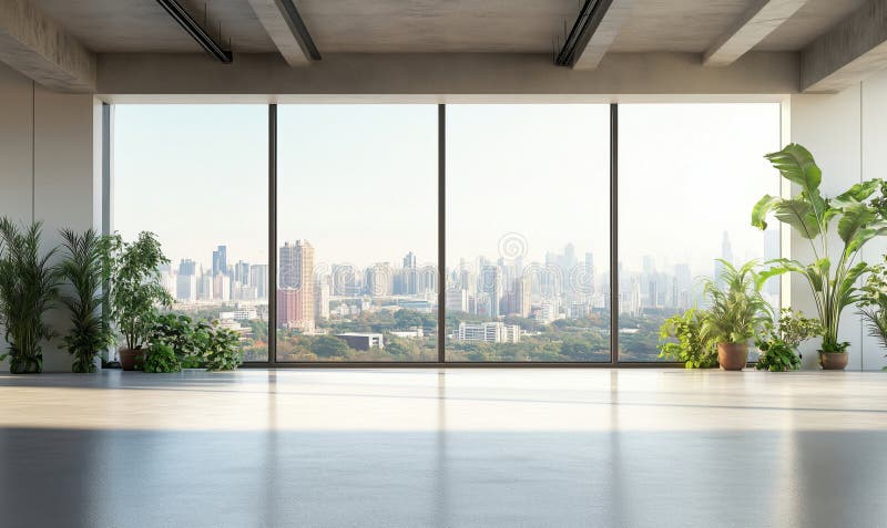 Modern Interior with Panoramic City View, Large Windows, Greenery, and ...