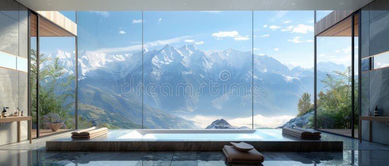Modern Interior with Panoramic Mountain View through Large Windows ...