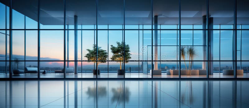 Modern Interior with Panoramic Windows and City View Stock Illustration ...