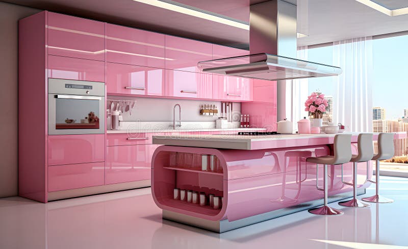 Modern Interior of Pink Kitchen. Generative AI Stock Image - Image of ...