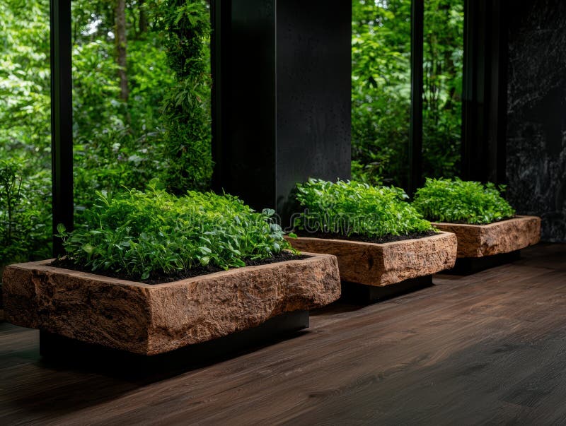 Modern Interior with Plants in Stone Planters. Stock Illustration ...