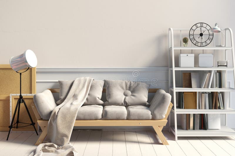 Modern Interior with Rack and Sofa. 3d Illustration Stock Illustration ...