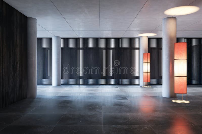 Modern Interior with Red Column Lights, Black Slatted Walls, and Tiled ...