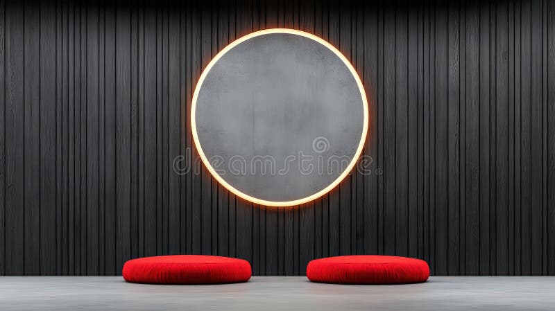 Modern Interior with Red Cushions and Illuminated Circular Wall Art ...
