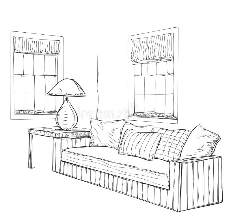 Modern Interior Room Sketch. Hand Drawn Furniture. Stock Vector ...