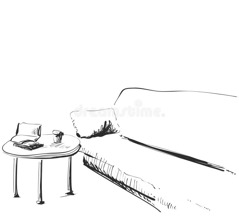Modern Interior Room Sketch. Hand Drawn Sofa and Table Stock Vector ...