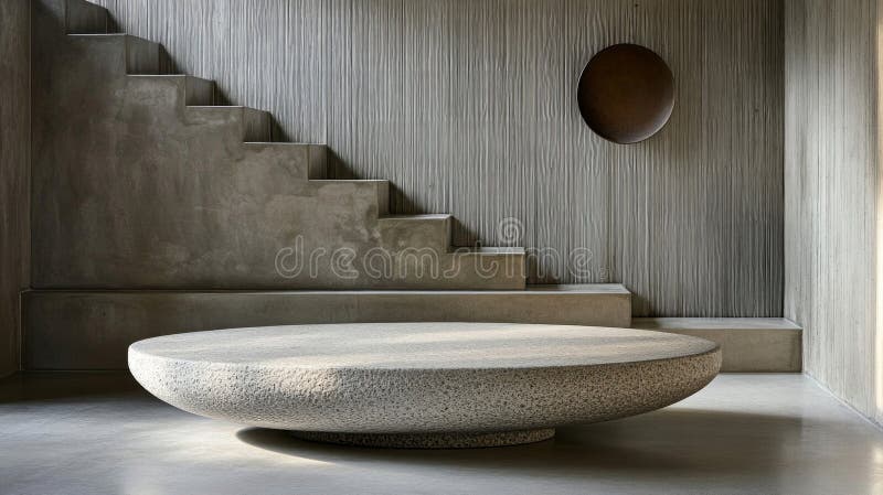 Modern Interior with Round Stone Table and Concrete Stairs Stock ...