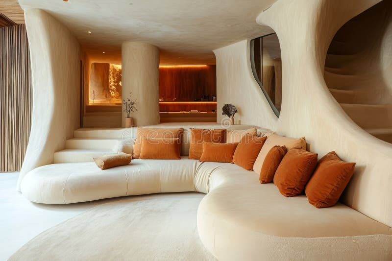 Modern Interior with a Sand Sofa on Which Bright Terracotta Pillows are ...