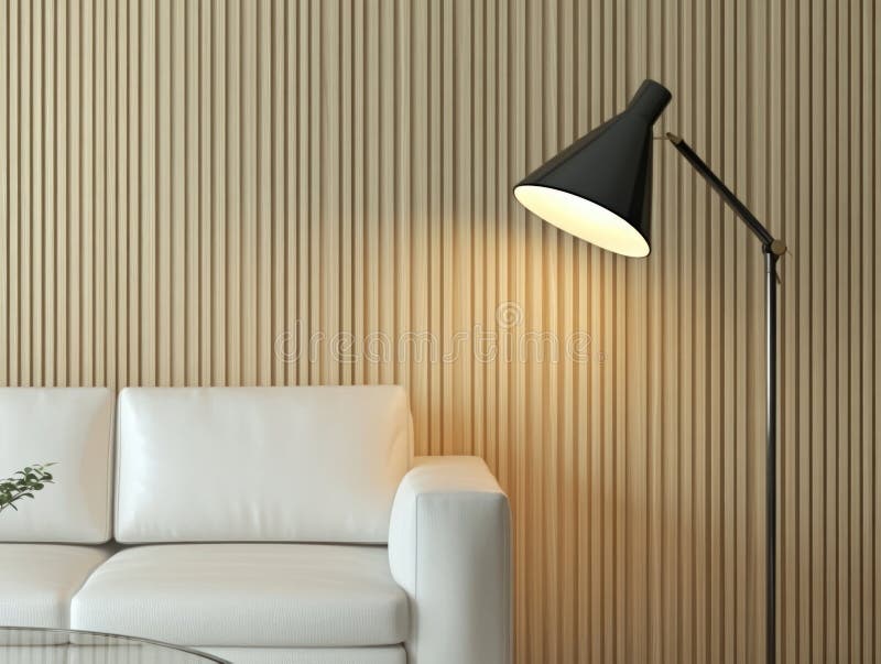 Modern Interior Scene Featuring White Sofa Black Lamp and Light Wood ...
