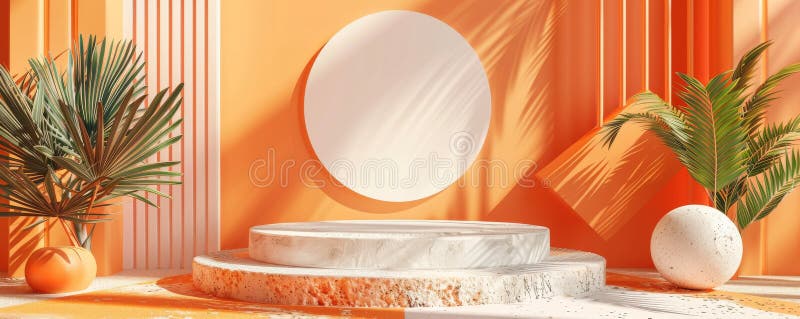 Modern Interior Scene with White Circle Decor on Peach Wall and Plants ...