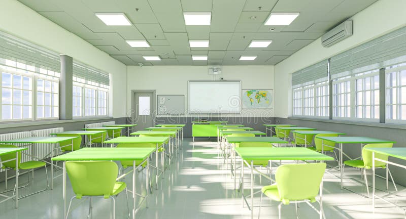 Modern Interior of a School Classroom with Green Desks and Chairs Stock ...