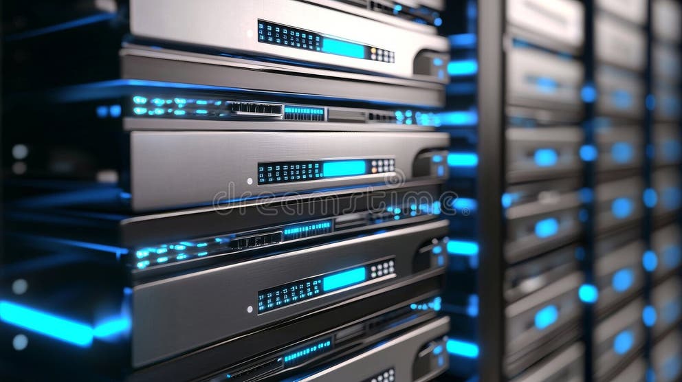 A Modern Interior Server Room Data Center with Dark Servers. Backup ...