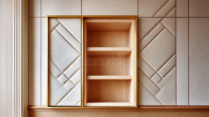 A Modern Interior Shows a Built-in Wooden Cabinet with Geometric ...