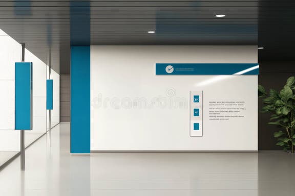 Modern Interior Signage System with Directional Poles and Wall Displays ...