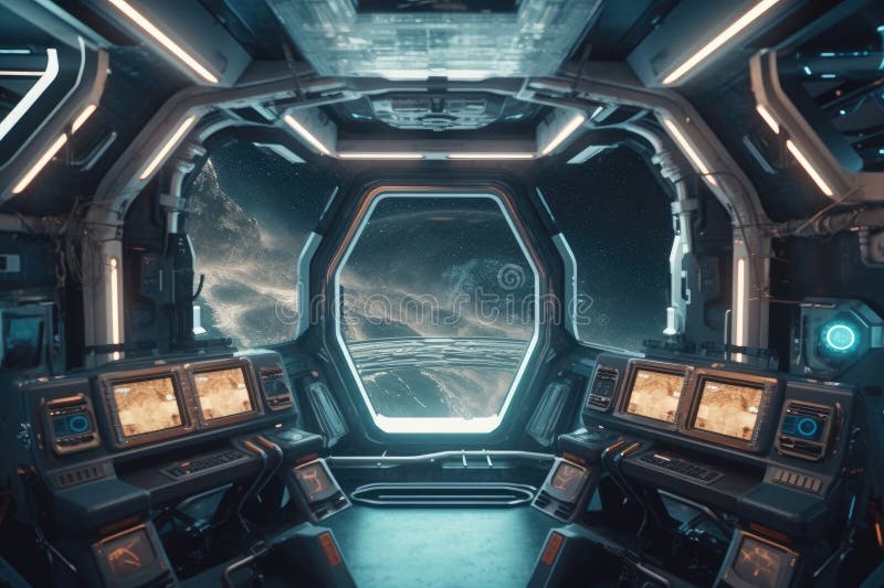 Modern Interior of a Spaceship with a View of the System of Space ...