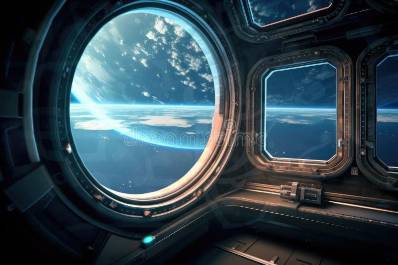 Modern Interior of a Spaceship with a View of the System of Space ...