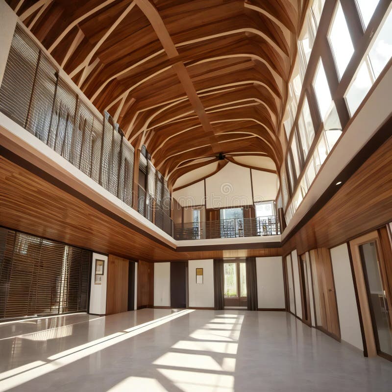 Modern Interior of a Spacious Atrium with Wooden Beams, Large Windows ...