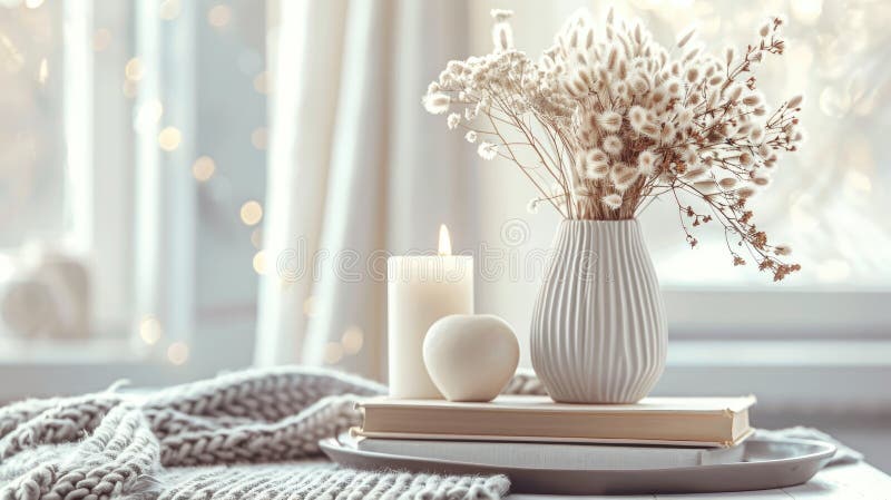 A Modern Interior, with a Stack of Books and a Vase with Dried Flowers ...